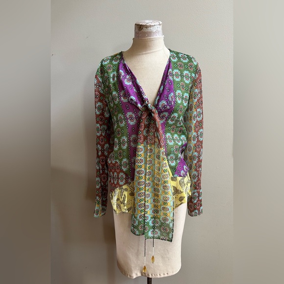 Zara | Tops | Zara Sheer Top Nwt Multi Print Blouse Medium Bead Tie ...